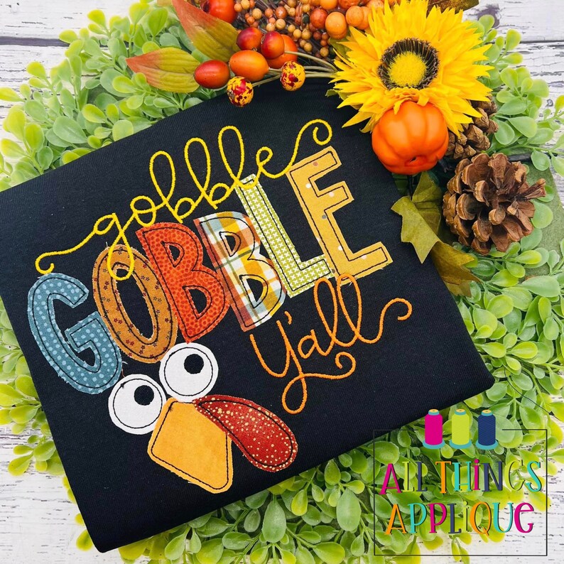 Thanksgiving Fall Applique Design - Gobble Gobble Y'all Bean Stitch ...