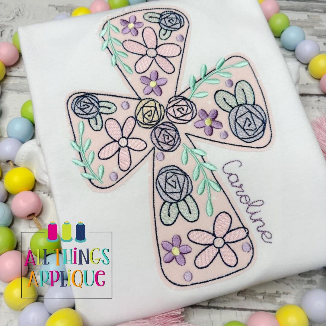 Floral Cross Machine Embroidery Applique Design - Sketch Stitch Cross ...