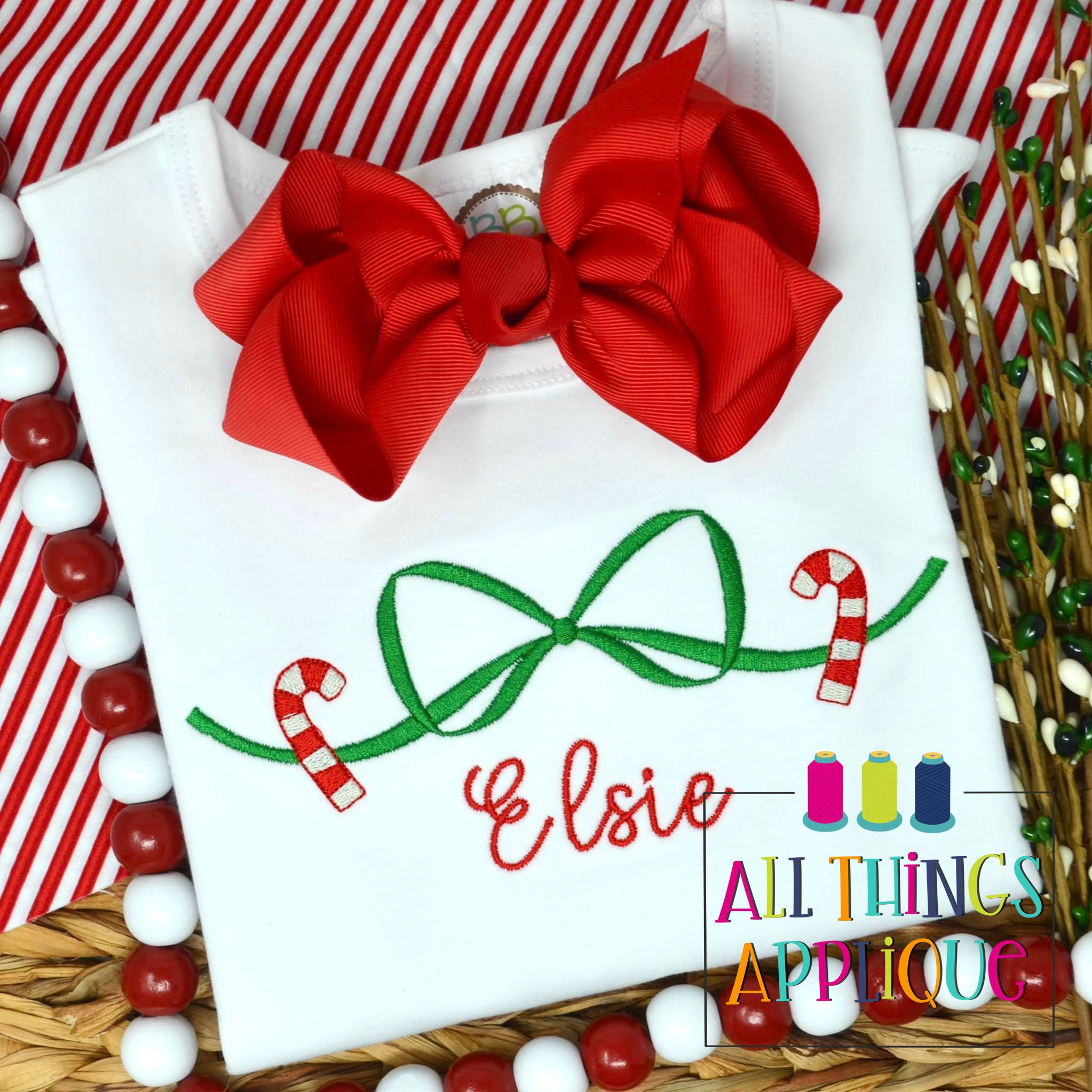 Candy Cane Christmas Bow Embroidery Design for Machine Embroidery - 6 ...