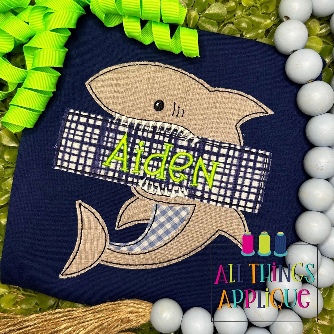 Shark Eating Name Frame Bean Stitch Applique Design - Boy Summer Beach ...