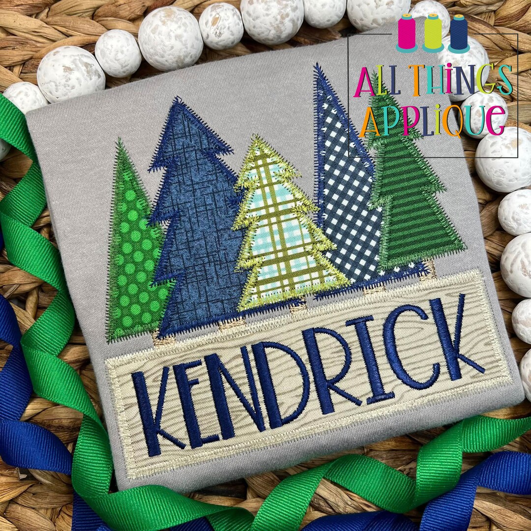 Christmas Trees Applique Design in Zig Zag Stitch With Name Box ...