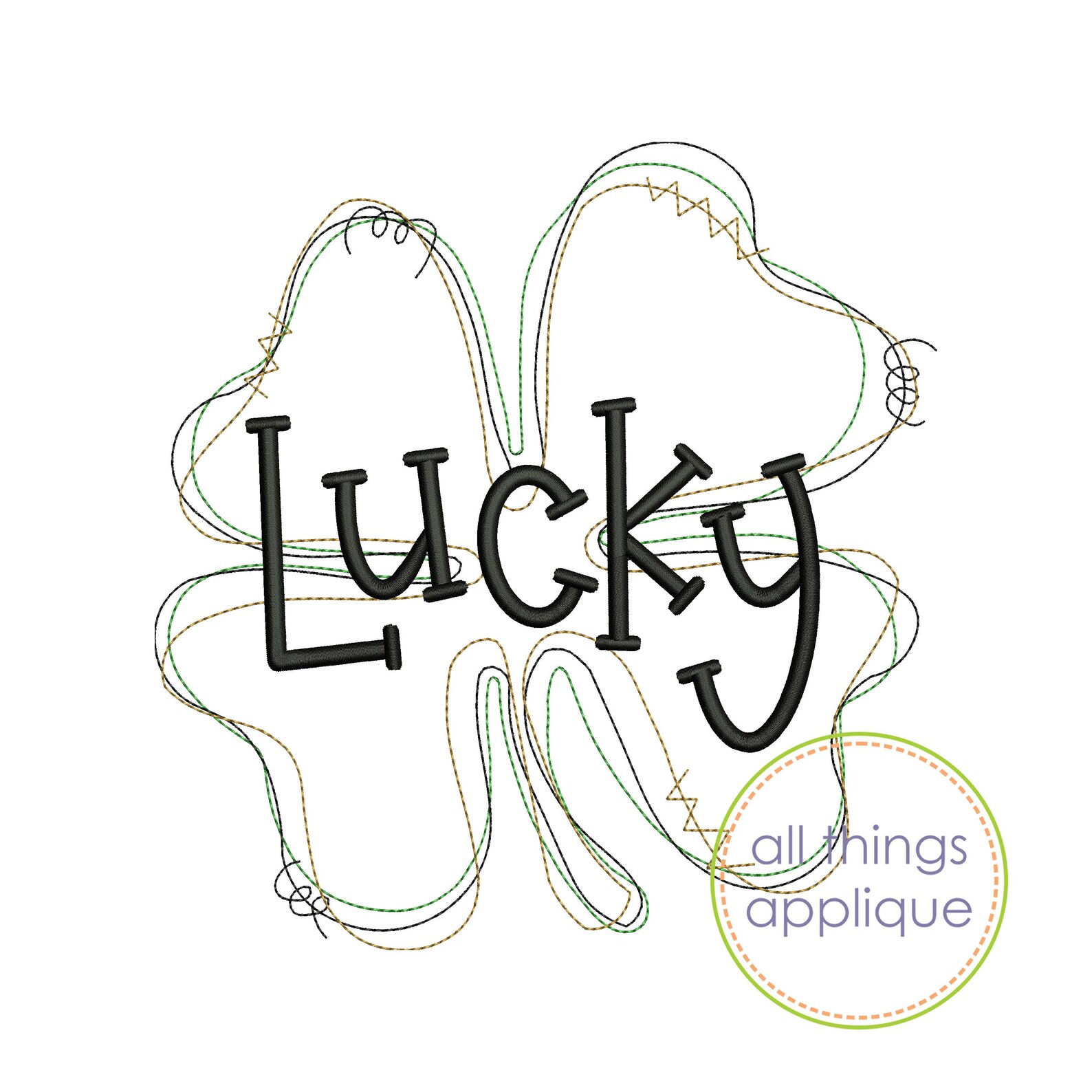 St. Patrick' Day Scribble Shamrock Lucky Bean Stitch Applique Design ...