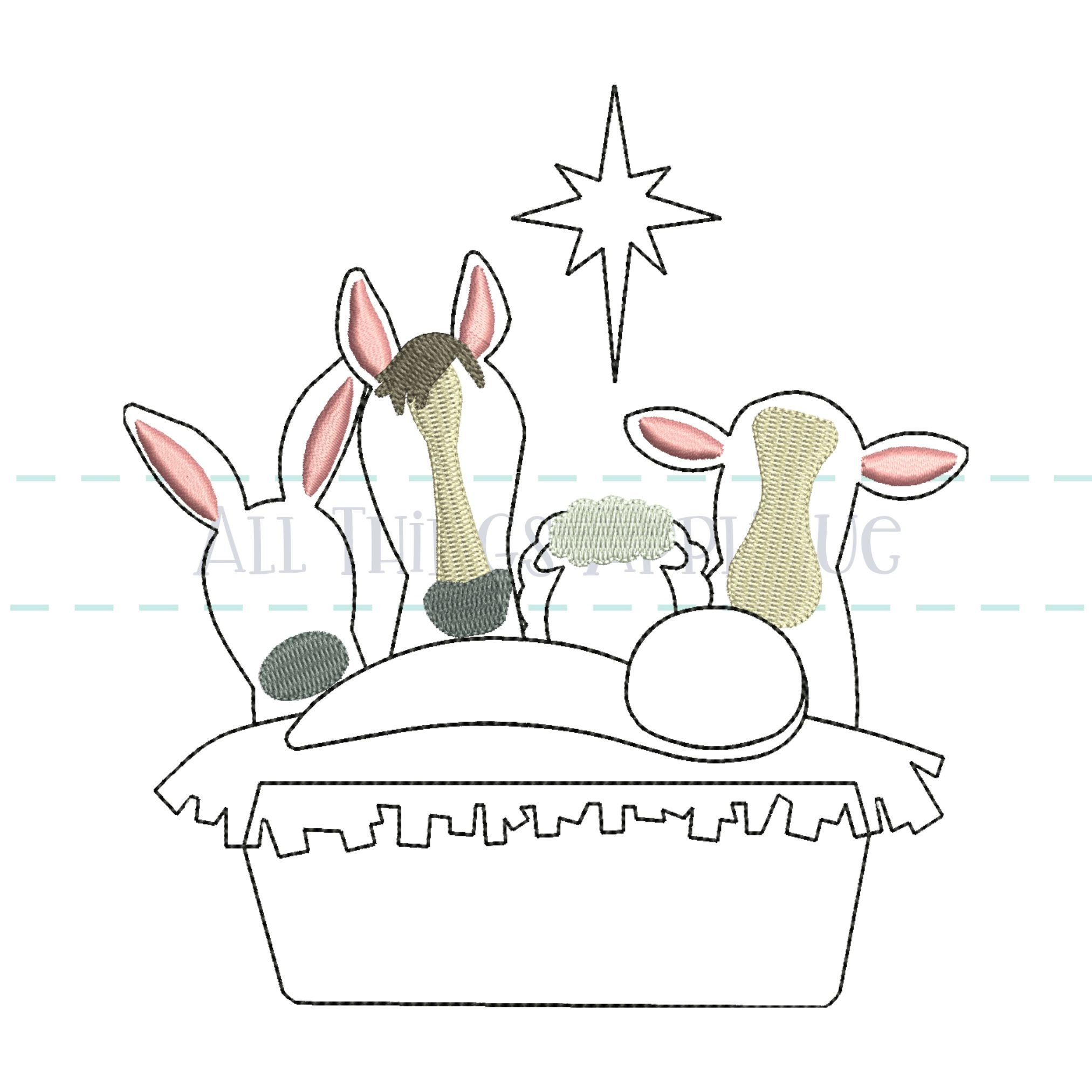 Christmas Nativity Applique Design - Animals Looking Over Manger With ...