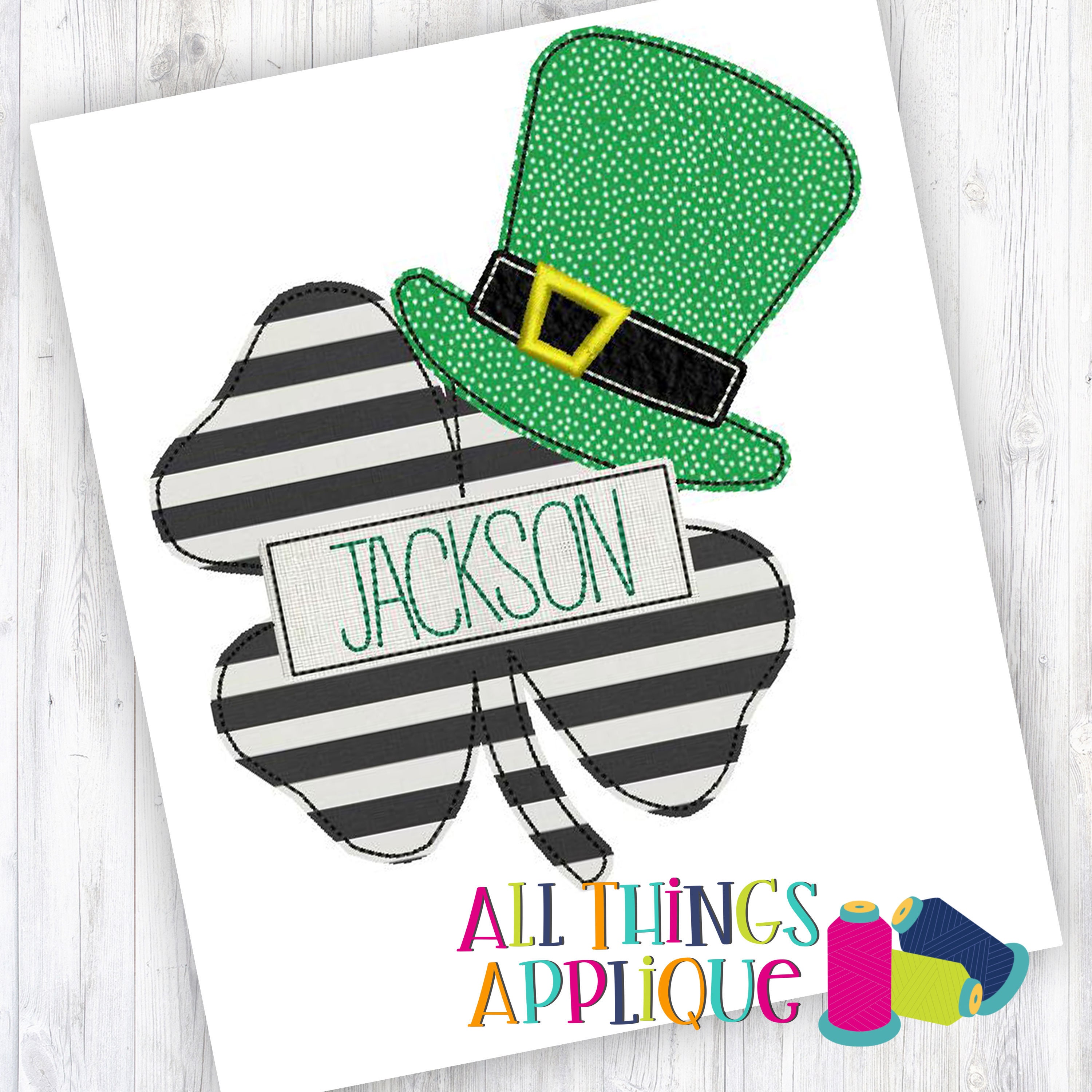 St. Patrick's Day Clover Shamrock With Hat and Name Box Applique Design ...