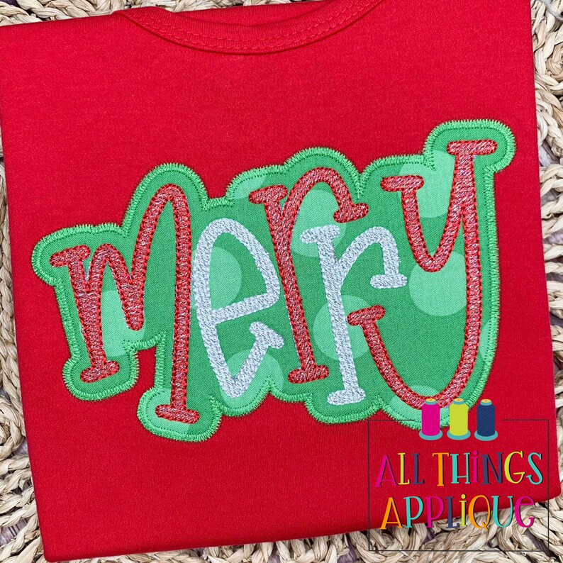 Merry Handlettered Applique Design - Christmas Zig Zag Applique and Sketch Embroidery Double ...