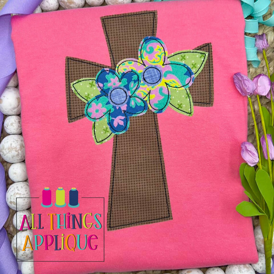 Cross With Flowers Applique Design Religious Easter Cross - Etsy