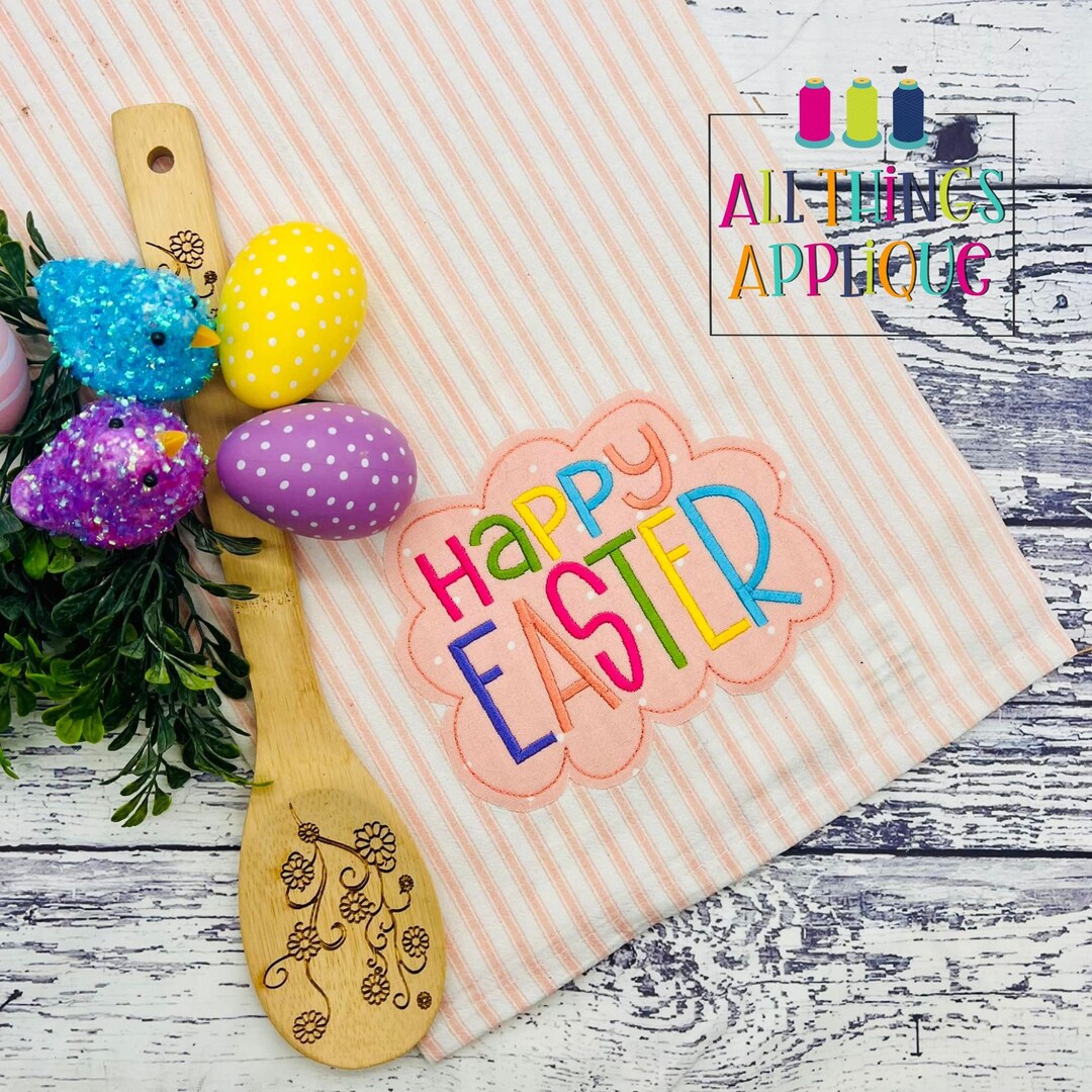 Happy Easter on Scallop Patch Applique - Bean Stitch Machine Embroidery ...
