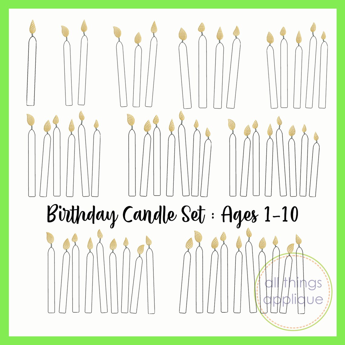 Birthday Applique Design - Candle Ages 1, 2, 3, 4, 5, 6, 7, 8, 9, 10 ...