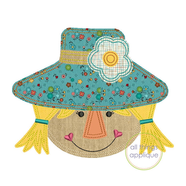 Scarecrow With Flower Hat Bean Stitch Applique Design - Etsy