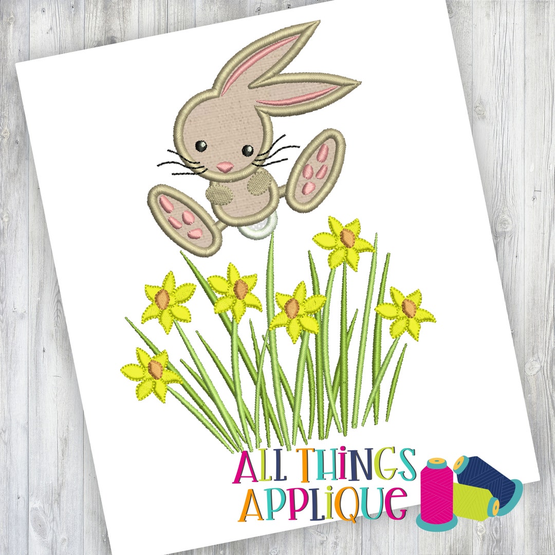 Easter Bunnyjumping Over Buttercup Daffodil Flowers Satin Stitch ...