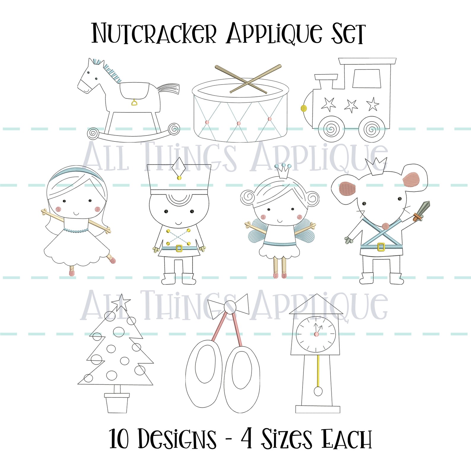 Nutcracker Applique Design Set - Clara, Sugar Plum Fairy, King Mouse, Toy Soilder, Drum, Ballet ...
