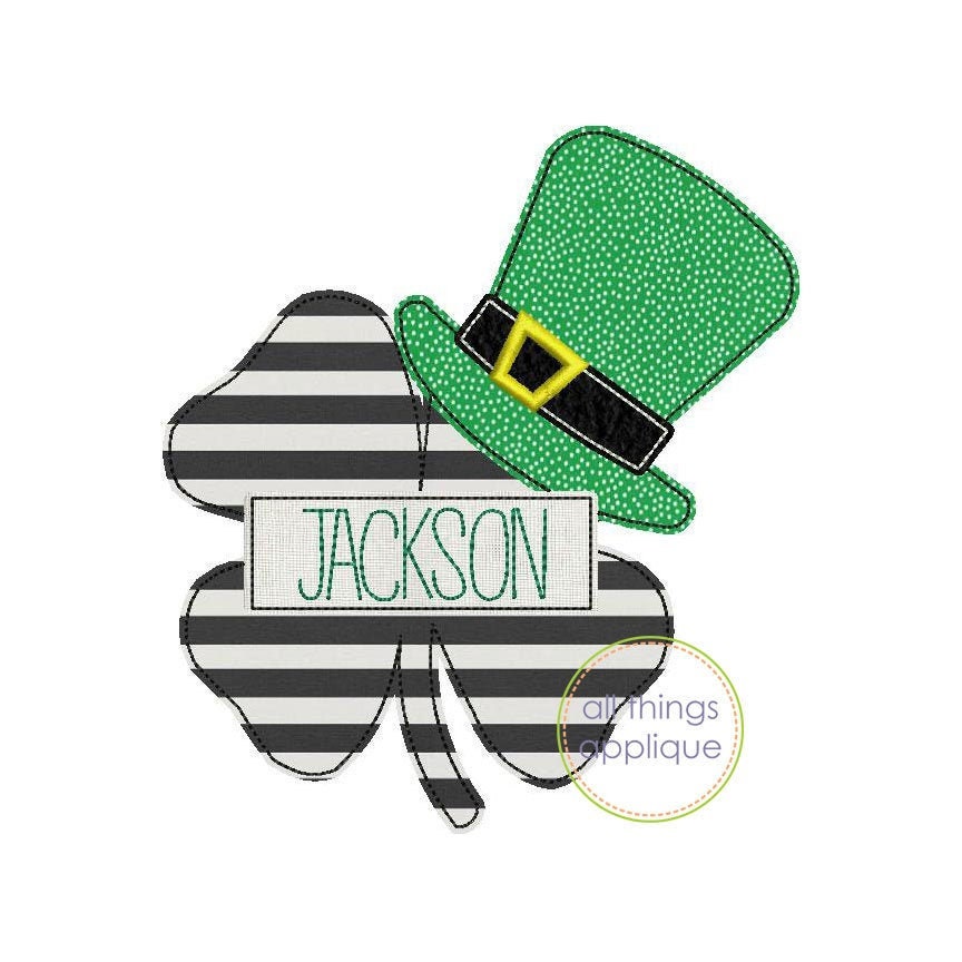 St. Patrick's Day Clover Shamrock With Hat and Name Box Applique Design ...