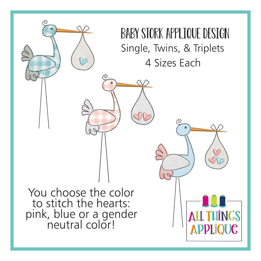 New Baby Applique Embroidery Design - Twins, Triplets, Single, Stork ...