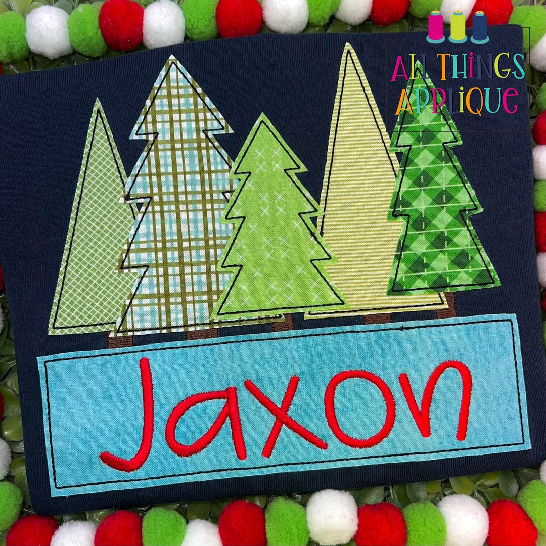 Christmas Trees Applique Design With Name Box in Bean Stitch Applique ...