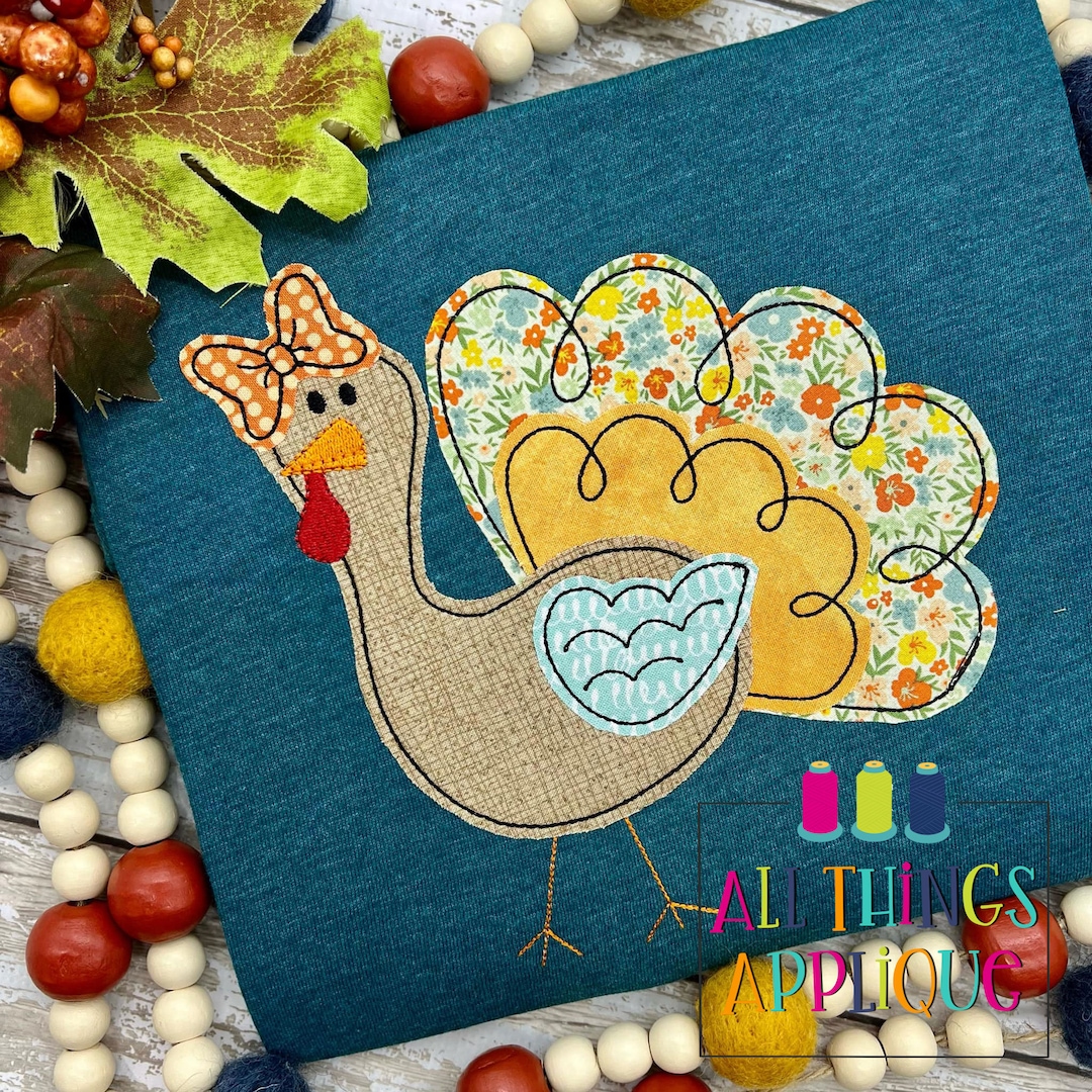 Turkey Machine Embroidery Applique Design With Bow for Fall ...