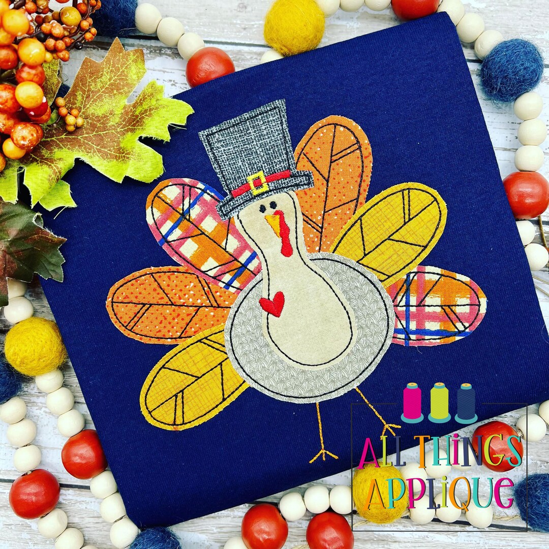 Turkey Applique Design for Machine Embroidery With Pilgrim Hat in Bean ...