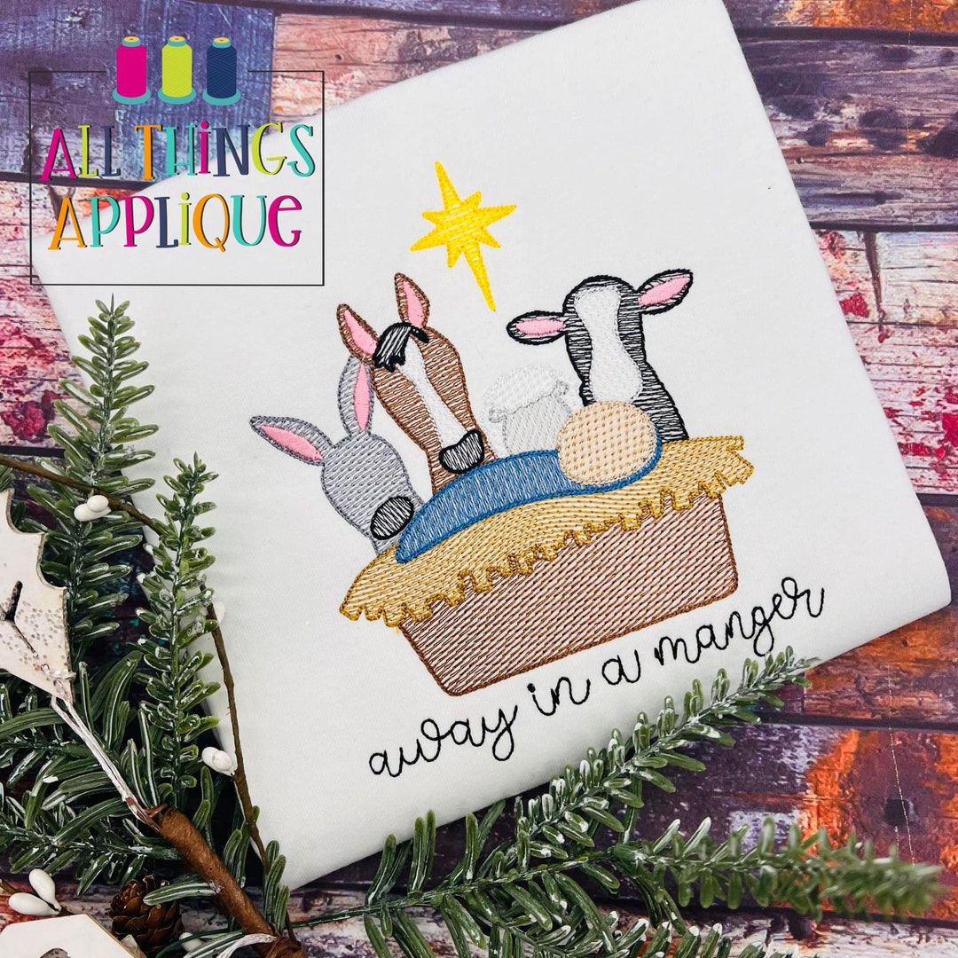 Christmas Nativity Embroidery Design - Animals Looking Over Manger With ...