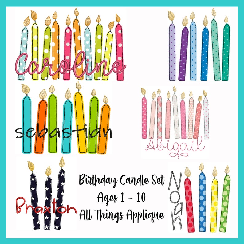 Birthday Applique Design - Candle Ages 1, 2, 3, 4, 5, 6, 7, 8, 9, 10 ...