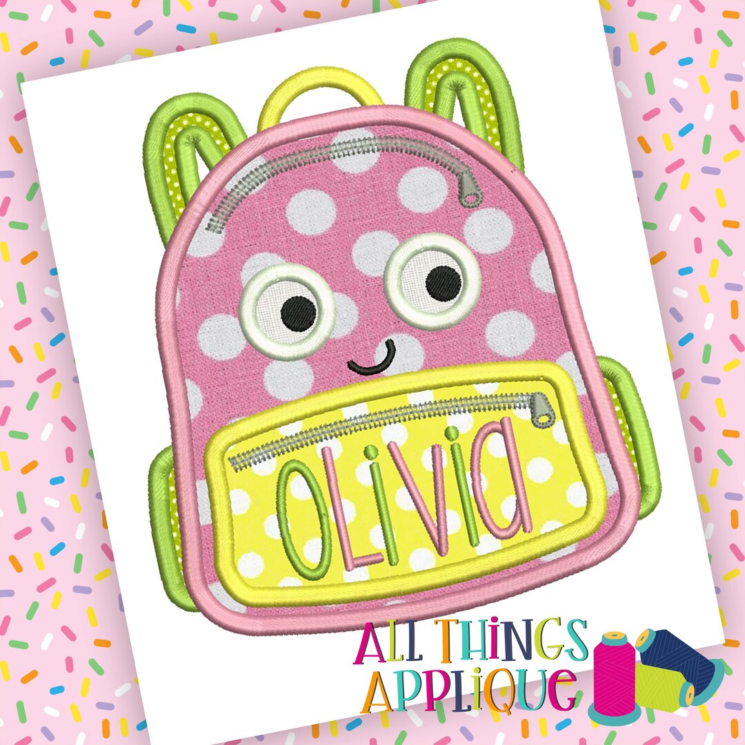 Back to School Backpack Applique Design for Machine Embroidery - Satin ...