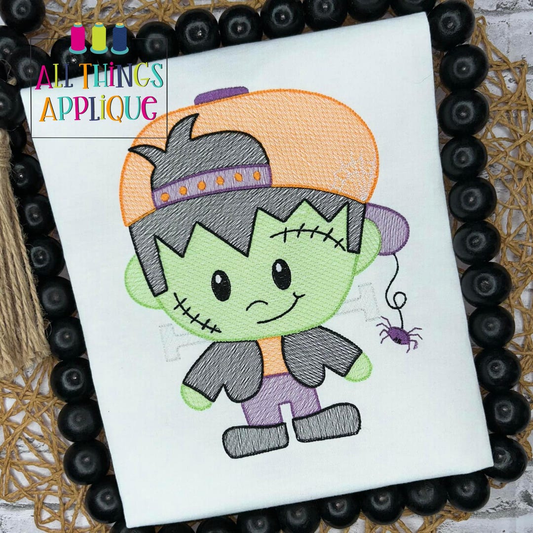 Boy Frankenstein Sketch Stitch Embroidery Design With Ball Cap and ...