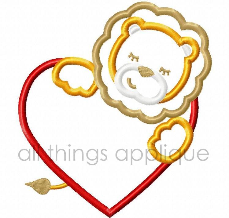 Lion Hugging Heart Applique Design - SATIN Stitch (#706) - Valentine ...