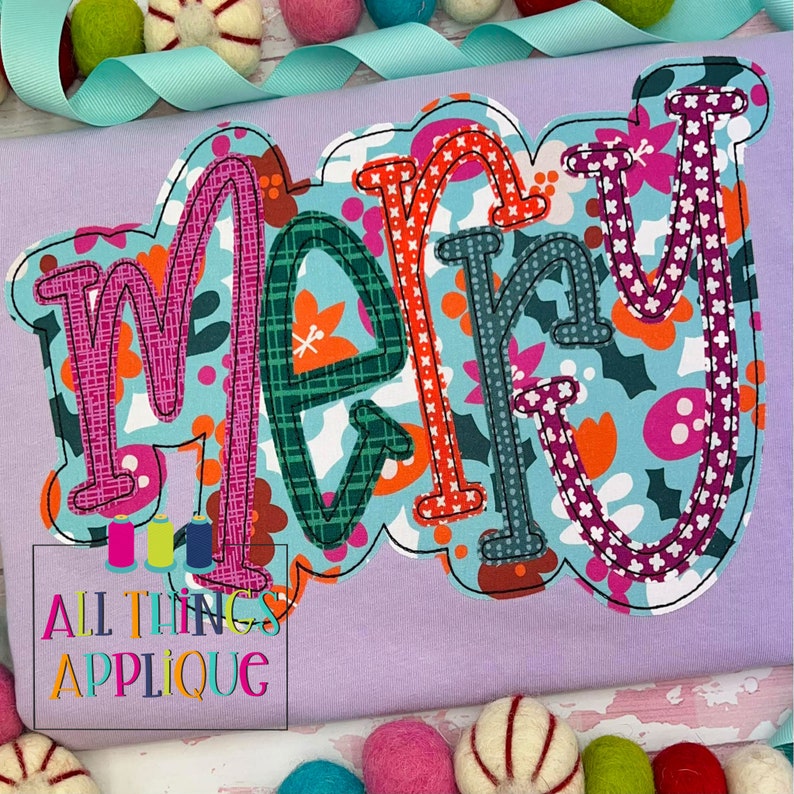 Merry Handlettered Applique Design - Christmas Bean Stitch Double ...