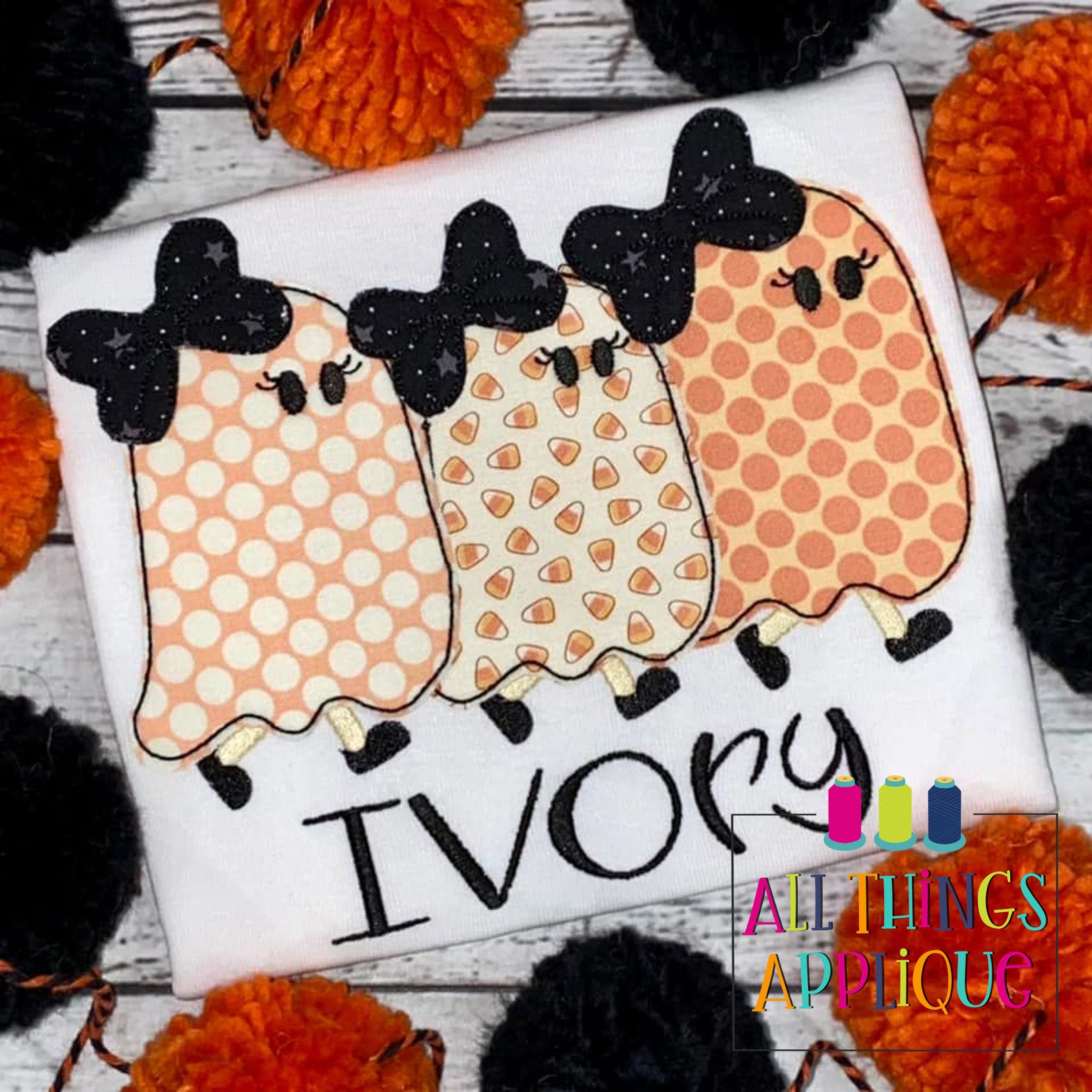 Trick-or-treating Ghosts With Bows Applique Design - Bean Stitch ...