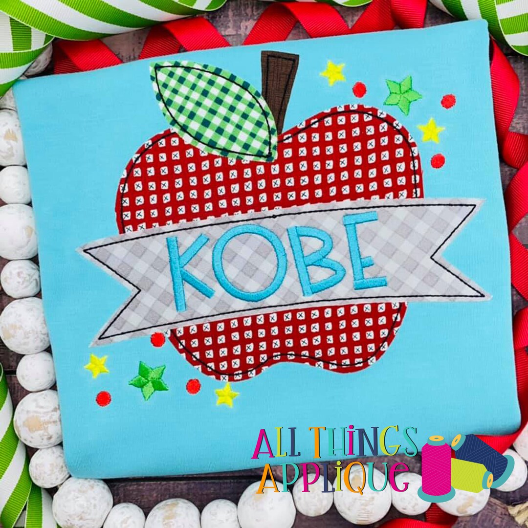 Back to School Applique Design - Apple With Name Banner Machine ...