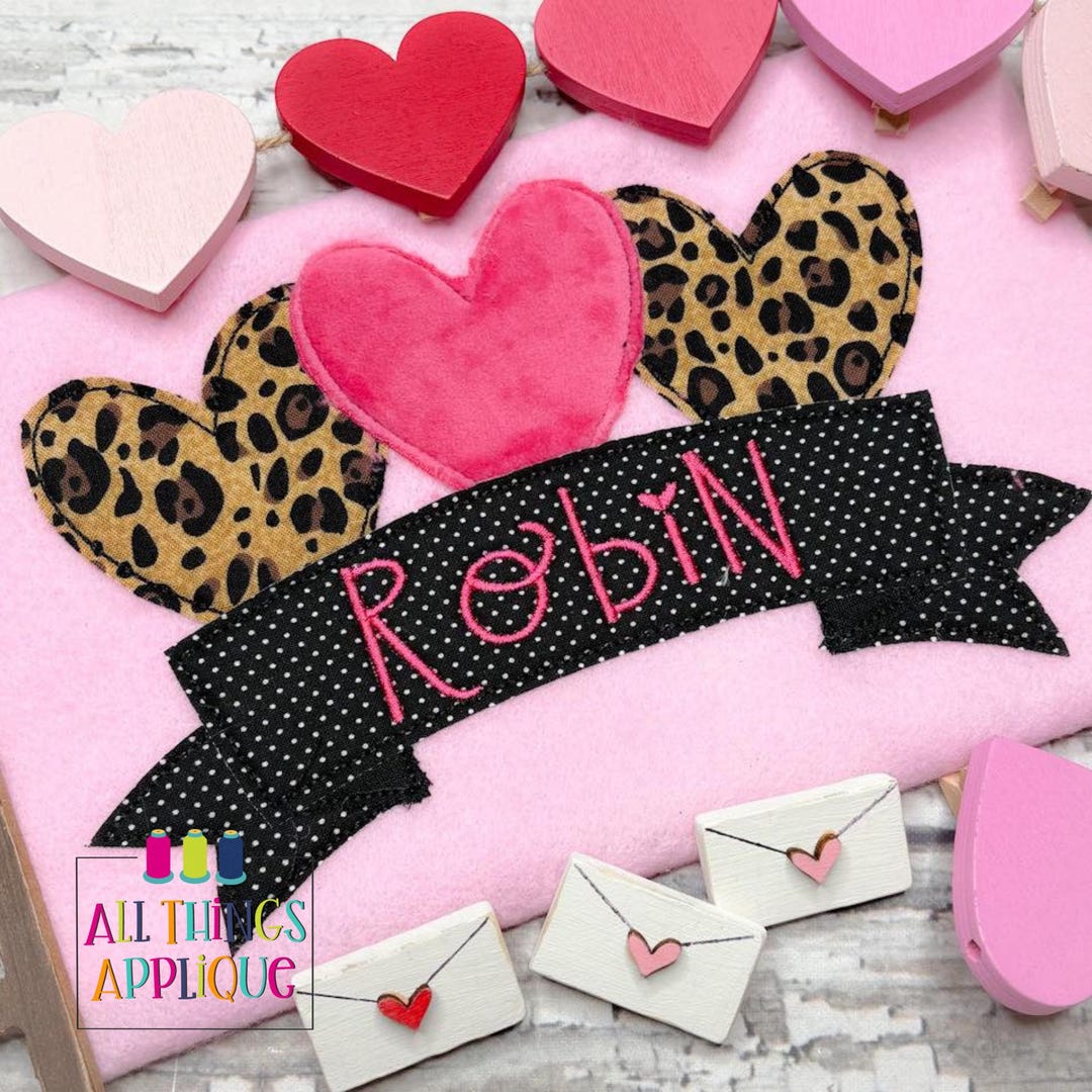 Heart Trio on Ribbon Banner Valentine's Day Bean Stitch Machine ...