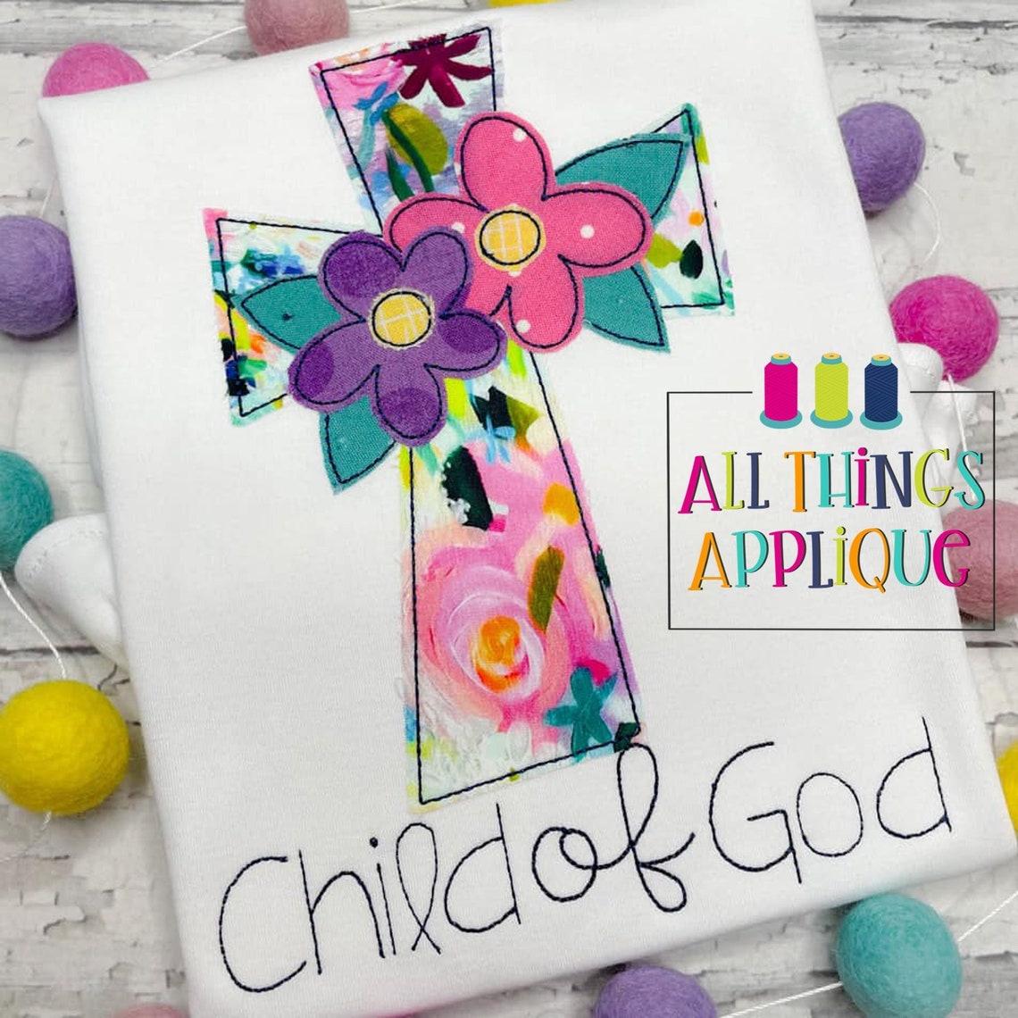 Cross With Flowers Applique Design Religious Easter Cross - Etsy