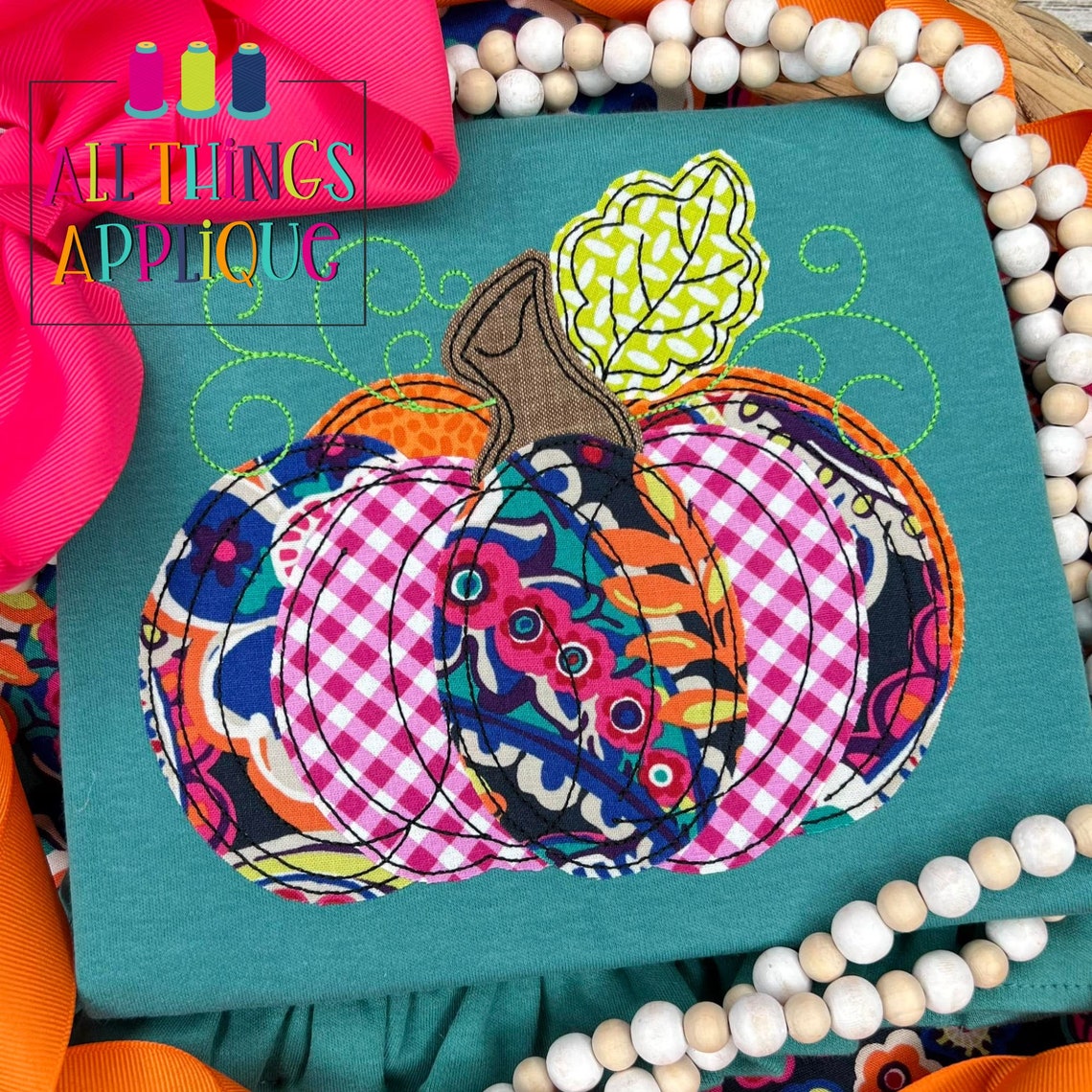 Thanksgiving Fall Applique Design - Elegant Pumpkin Bean Stitch Machine ...
