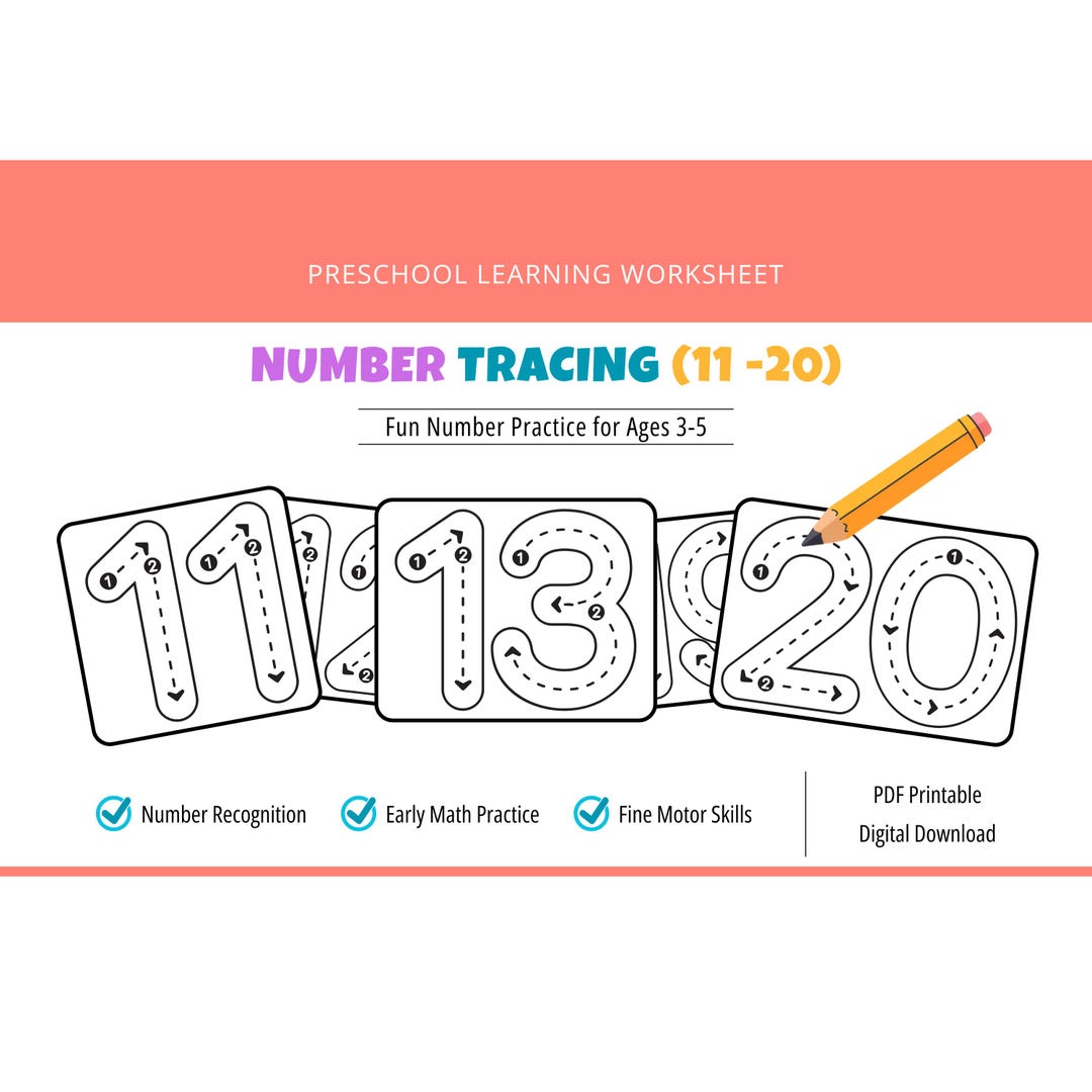 Number Tracing 11–20 Worksheet Printable, Preschool Math Activity ...