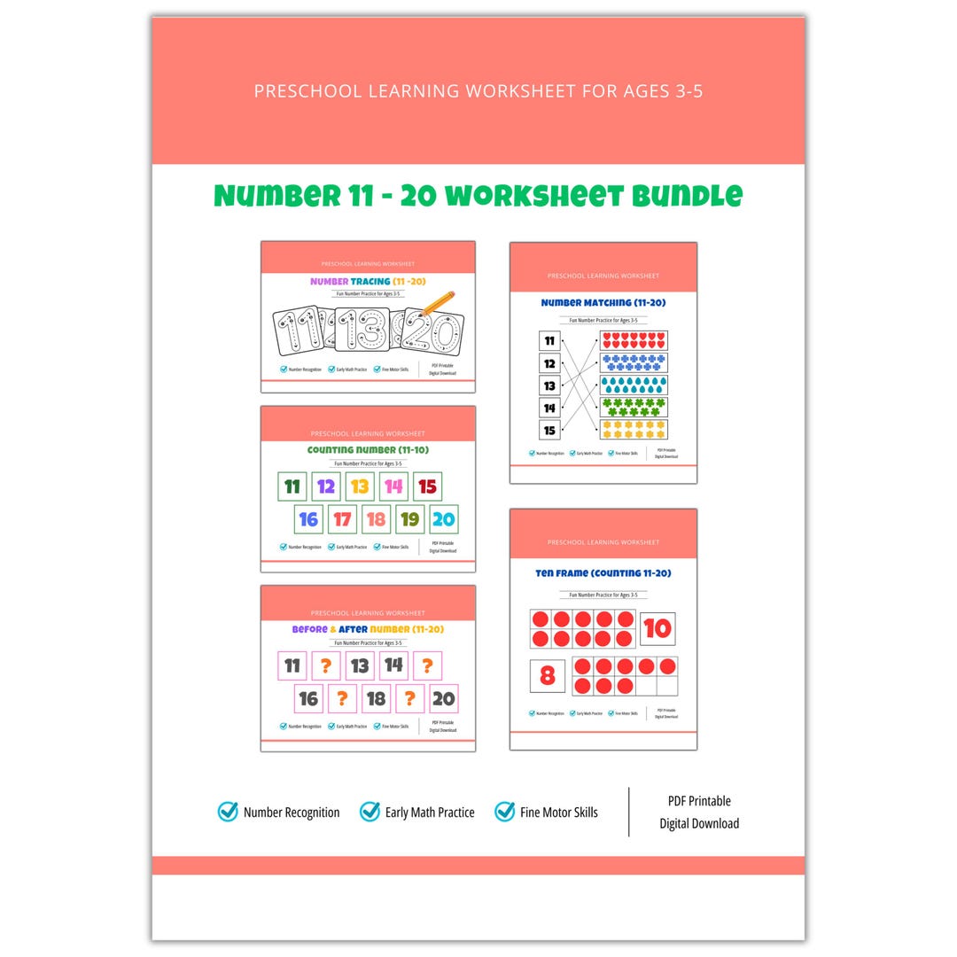Preschool Math Worksheets: Numbers 11-20 Bundle (PDF Printable) - Etsy