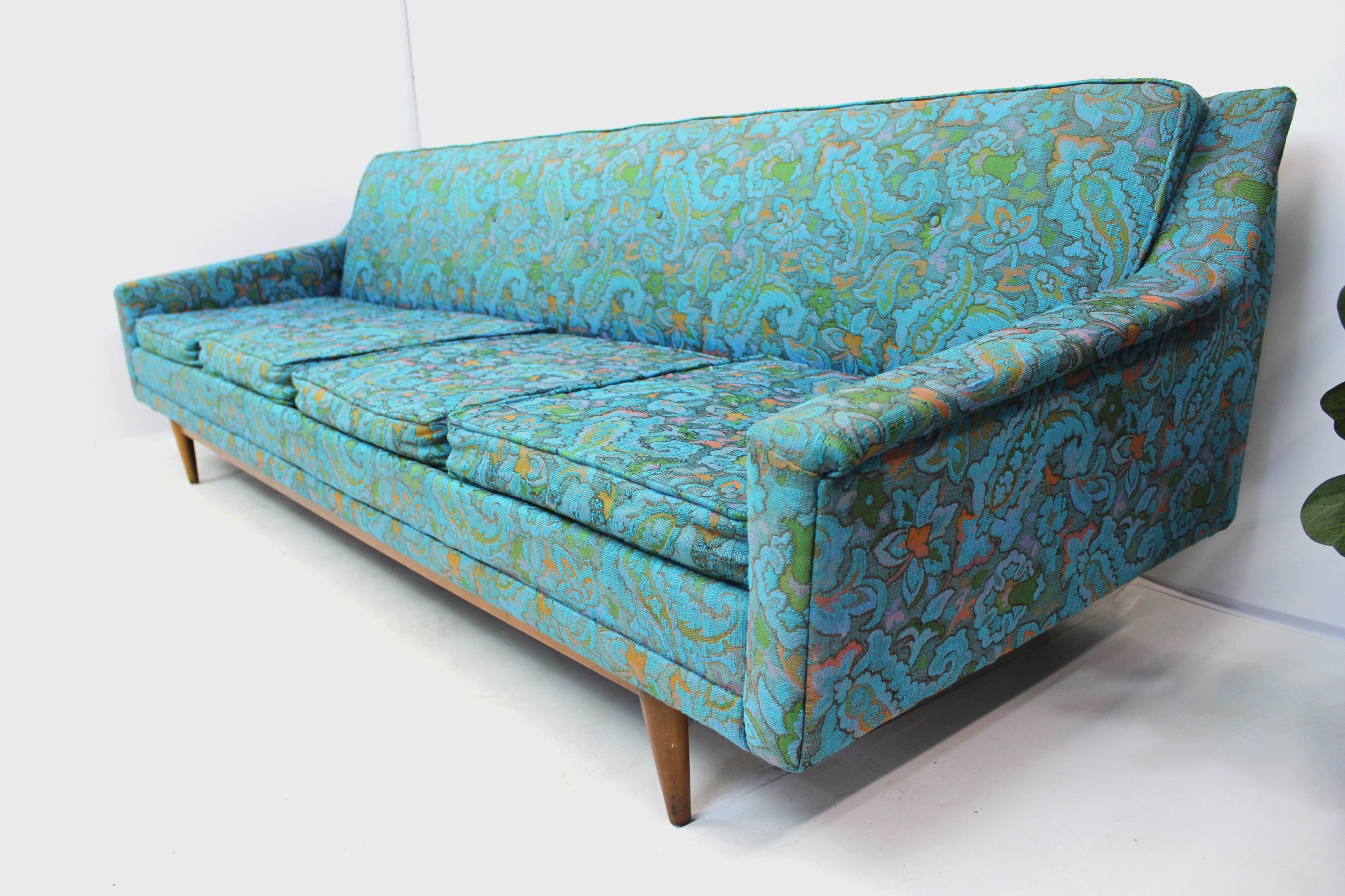 Mid Century Modern Paisley Floral Turquoise Sofa | - Etsy