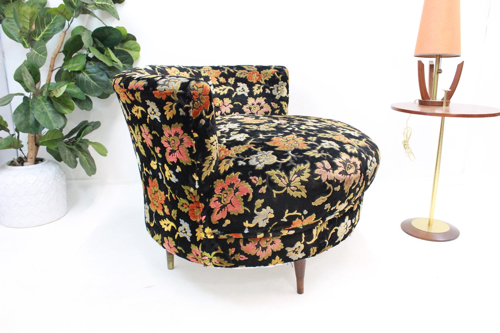 Mid Century Modern Round Upholstered Chair in Floral Upholstery ...