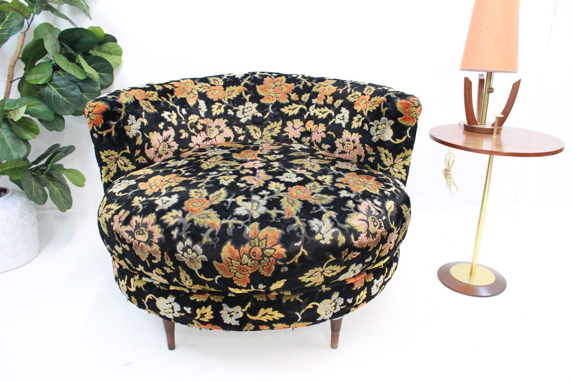 Mid Century Modern Round Upholstered Chair in Floral | Etsy