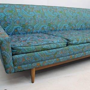 Mid Century Modern Paisley Floral Turquoise Sofa | - Etsy