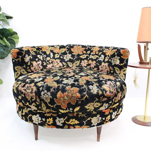 Mid Century Modern Round Upholstered Chair in Floral - Etsy