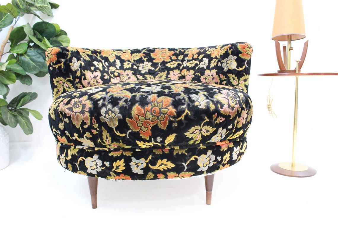 Mid Century Modern Round Upholstered Chair in Floral | Etsy