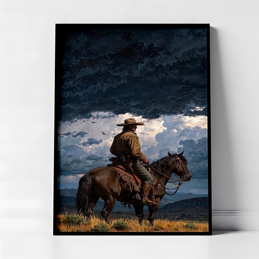 Cinematic Cowboy Under Stormy Sky Poster | Western Horseback Wall Art ...