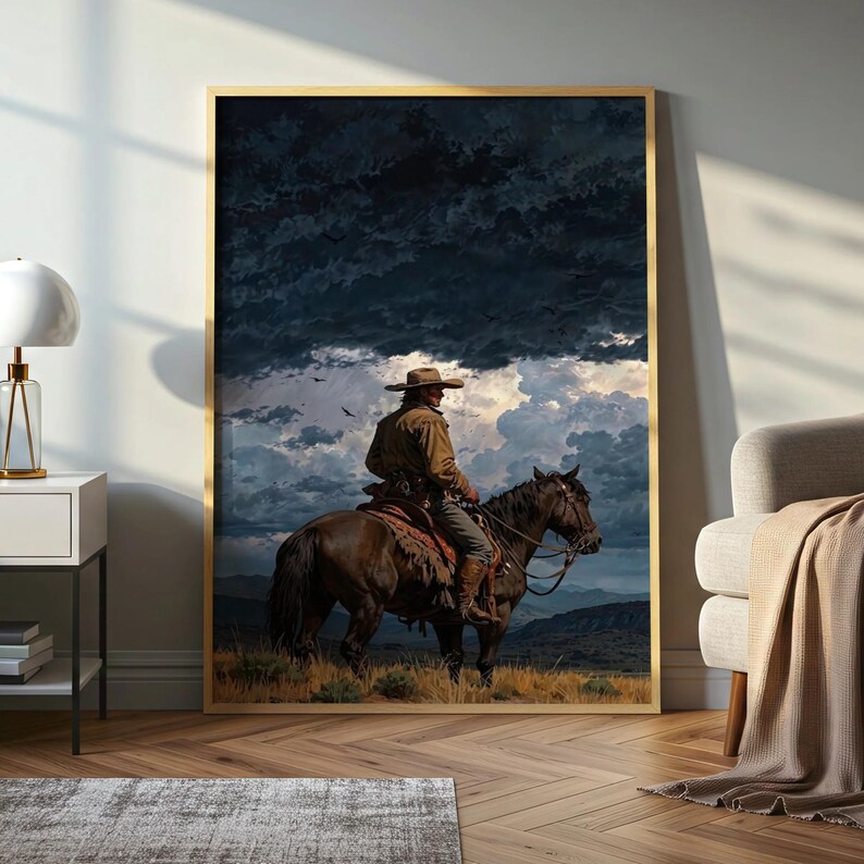 Cinematic Cowboy Under Stormy Sky Poster | Western Horseback Wall Art ...