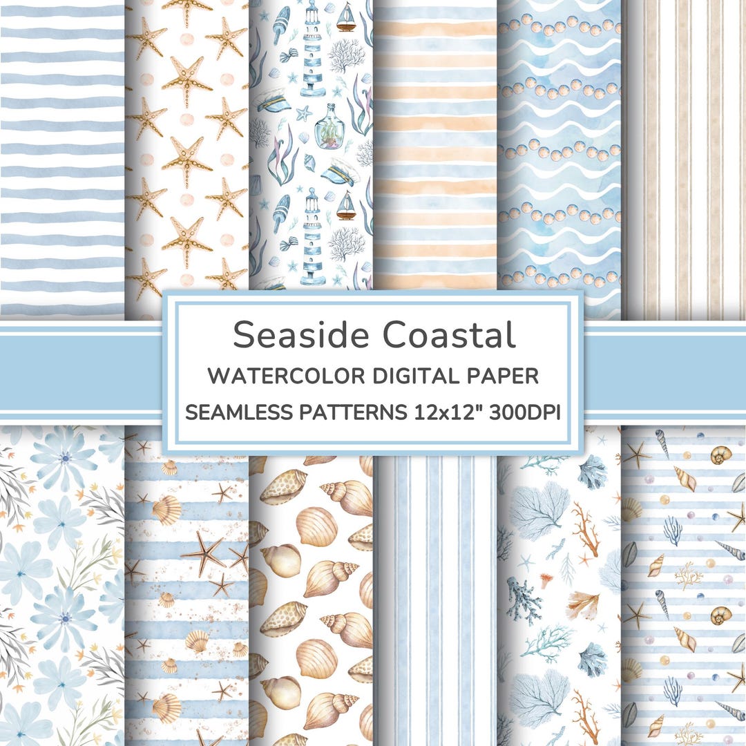Seaside Coastal Watercolor Digital Paper Pack | Sea Nautical Seamless ...