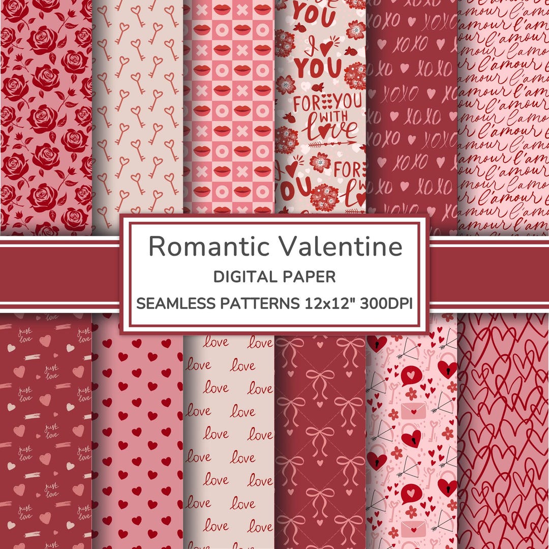 Romantic Valentine Digital Paper Pack | Love Seamless Patterns | Hearts ...