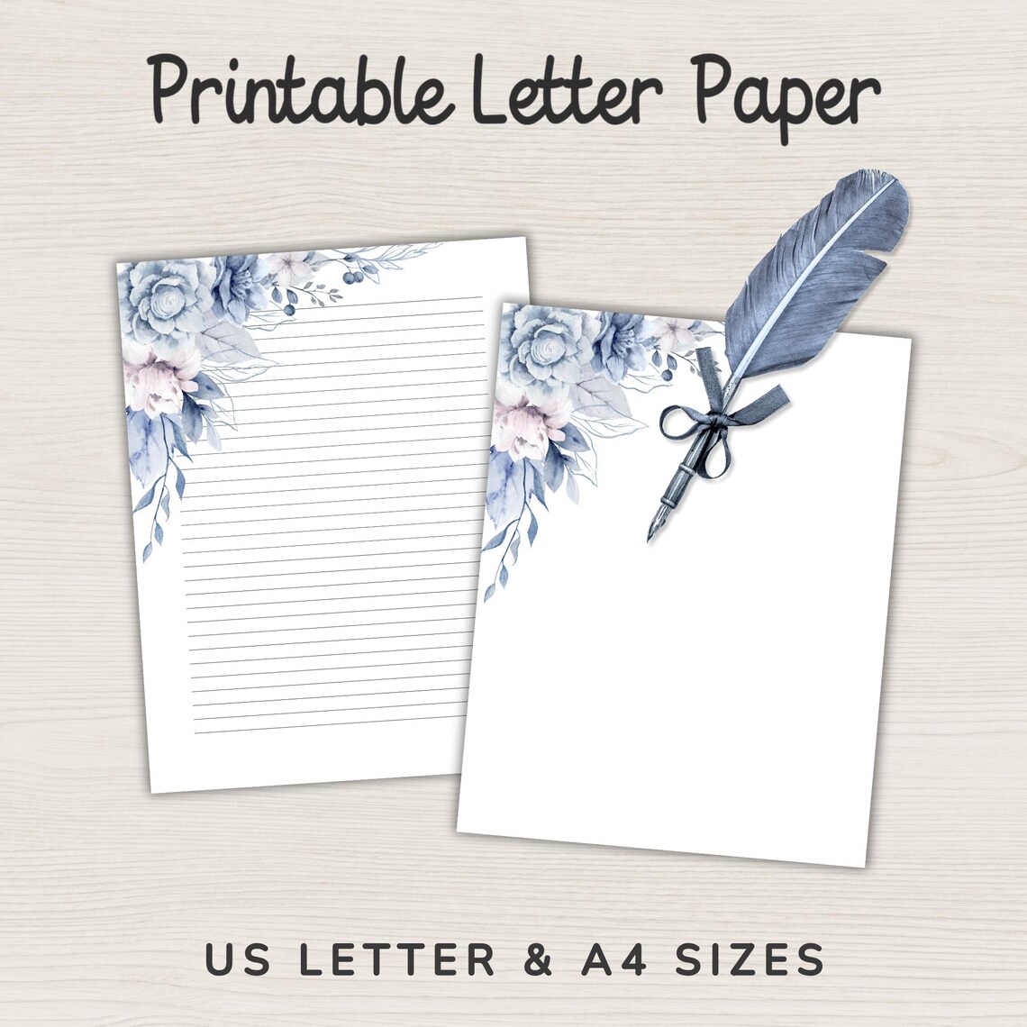 Blue Rose Letter Paper | Floral Printable Stationery | Lined and ...