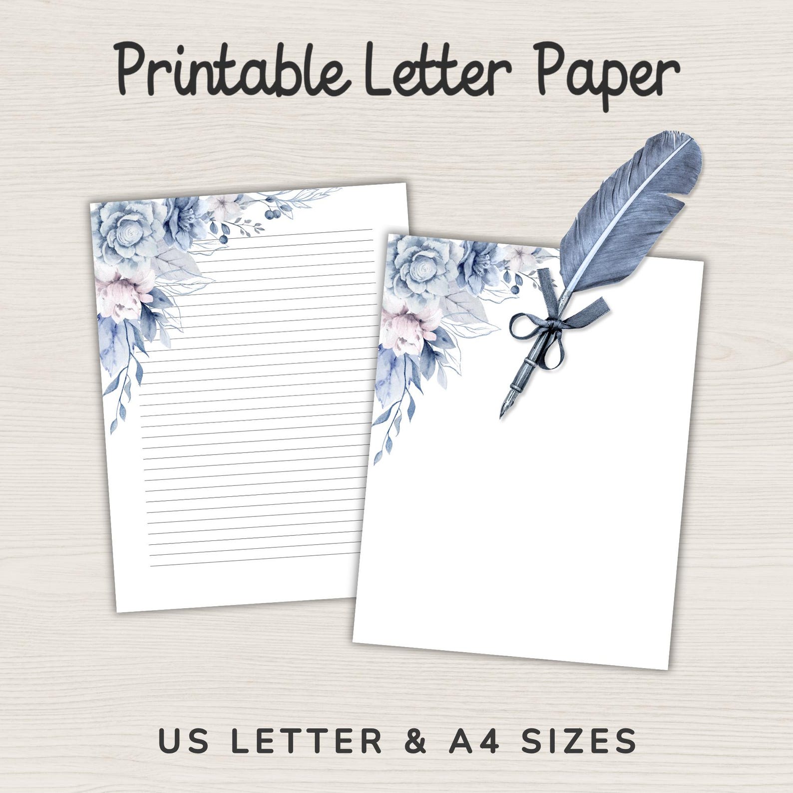 Blue Rose Letter Paper | Floral Printable Stationery | Lined and ...