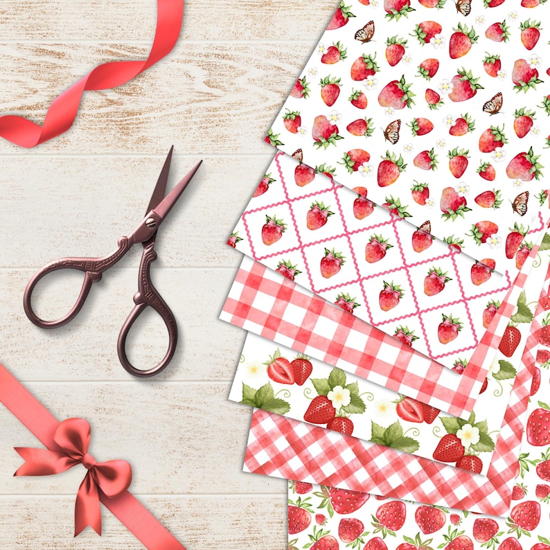 Sweet Strawberry Cottage Watercolor Digital Paper Pack | Floral Berry ...