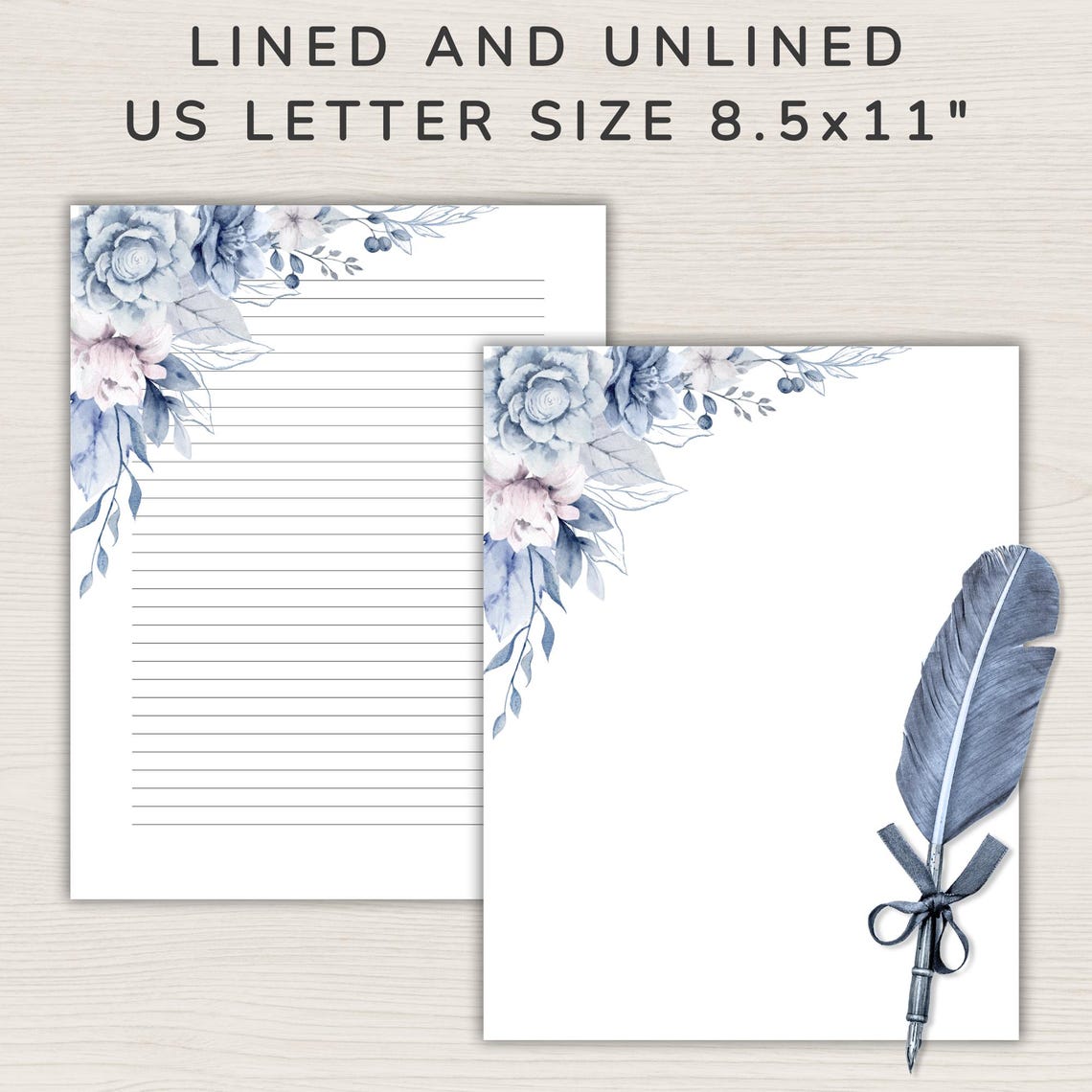 Blue Rose Letter Paper | Floral Printable Stationery | Lined and ...