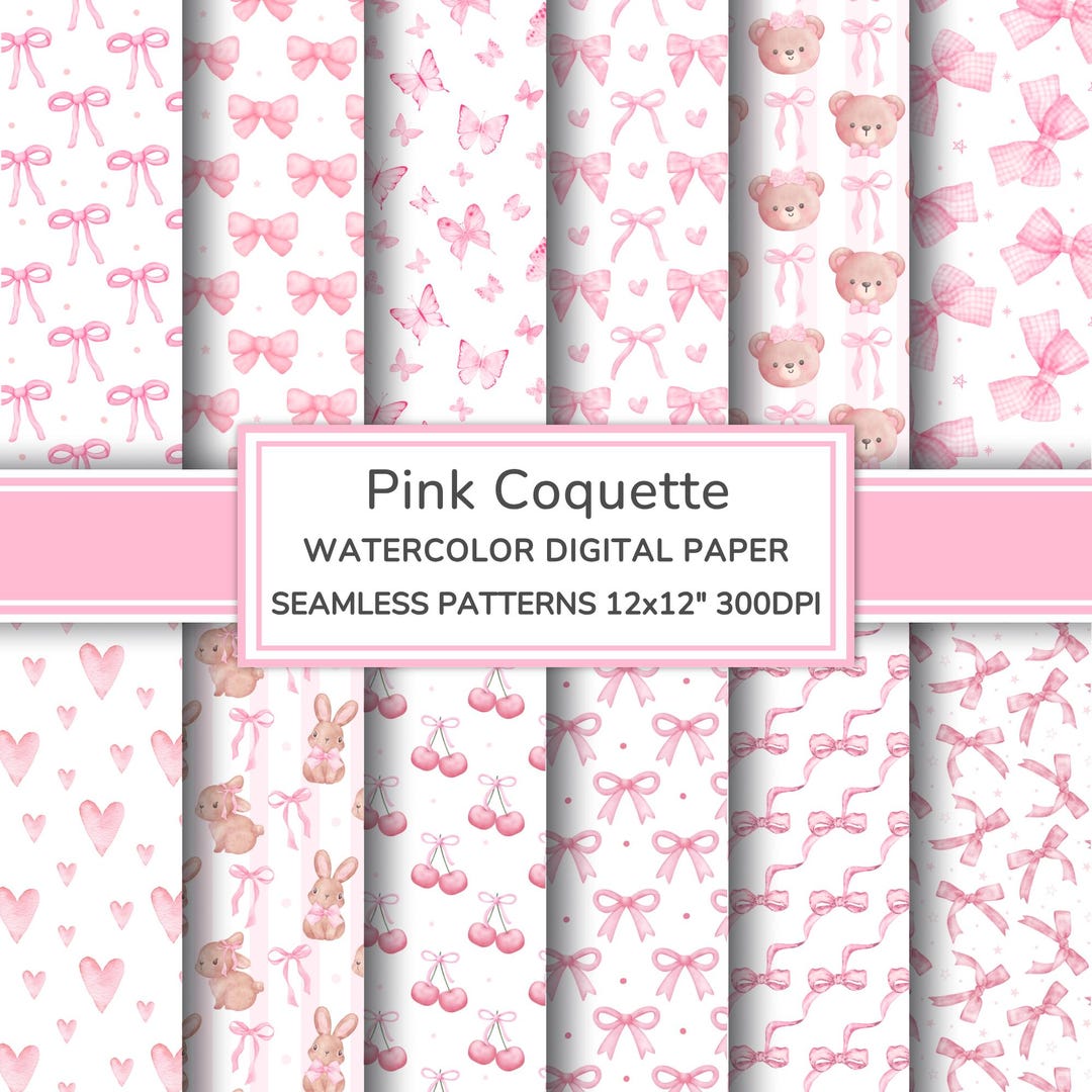 Pink Coquette Watercolor Digital Paper Pack | Bows & Cute Seamless ...