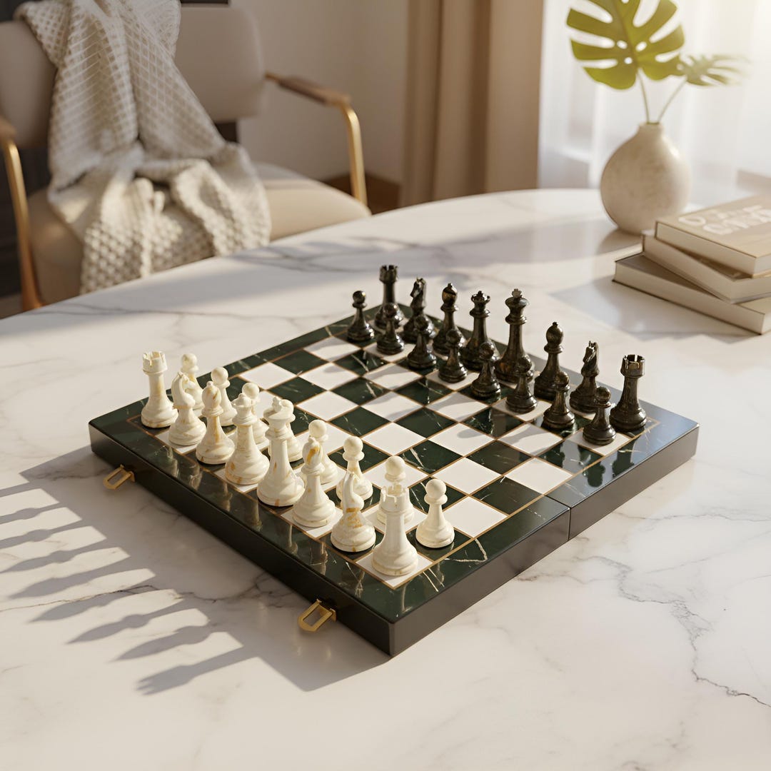 Marble Chess Set 15” – Weighted Acrylic Pieces, Folding Wooden Board ...