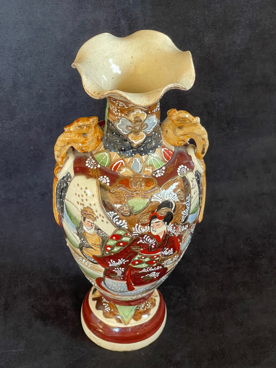 Tall Satsuma Style Vase Hand Painted With Geisha and Floral Motif ...